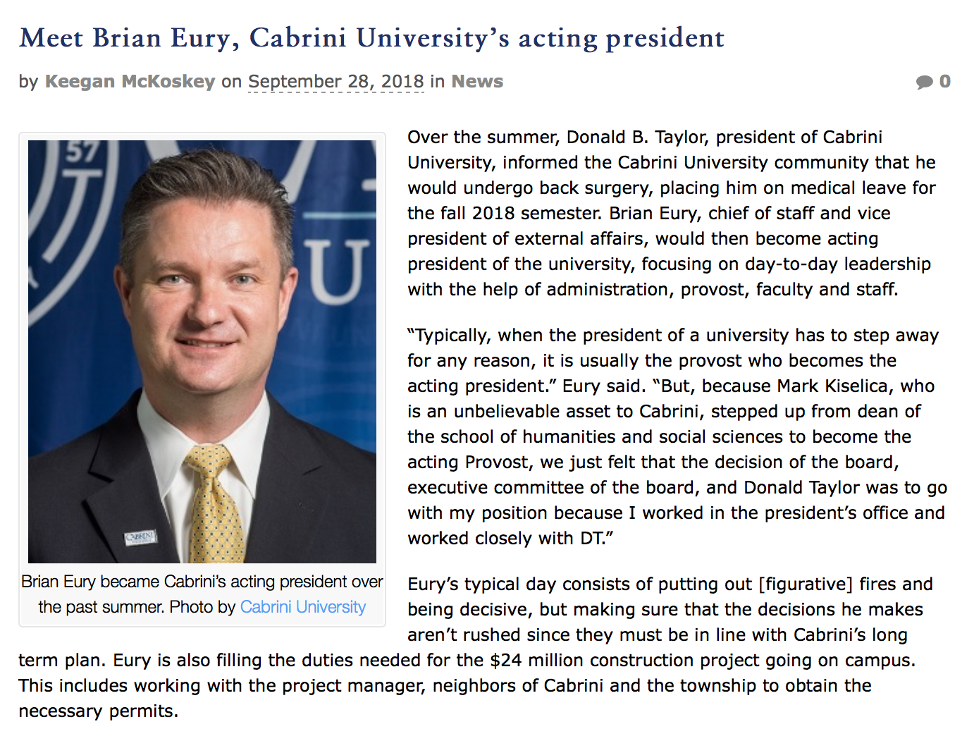 Member News: Brian Eury named president of Cabrini University - Irish ...